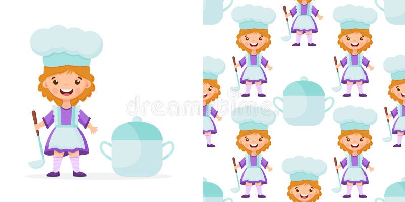 Seamless Pattern of Cartoon Kitchen Ware and Cute Child Cook. Vector ...