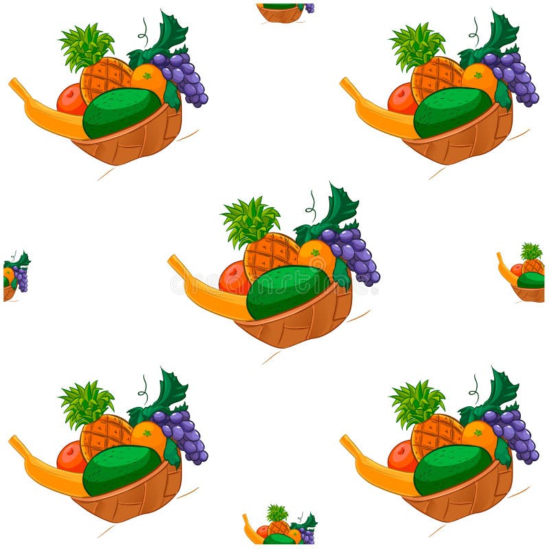 Seamless Pattern Cartoon Little Basket with Exotic Fruits Stock Vector ...