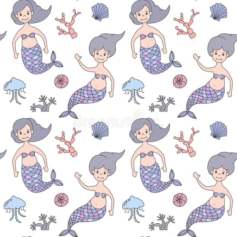 Seamless Pattern With Cartoon Mermaids. Stock Vector - Illustration of ...