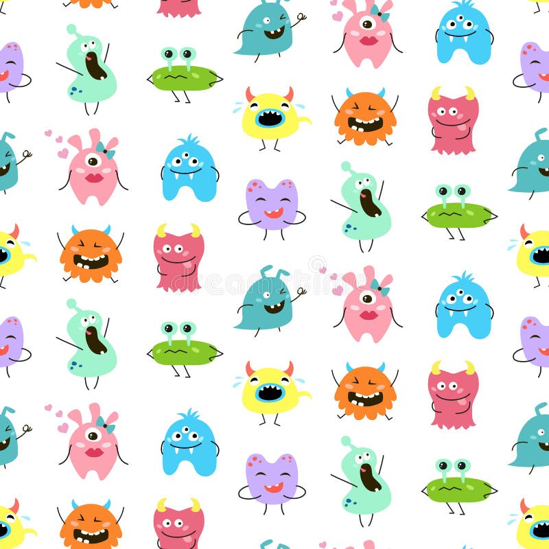 Seamless Pattern With Cartoon Monsters Stock Illustration