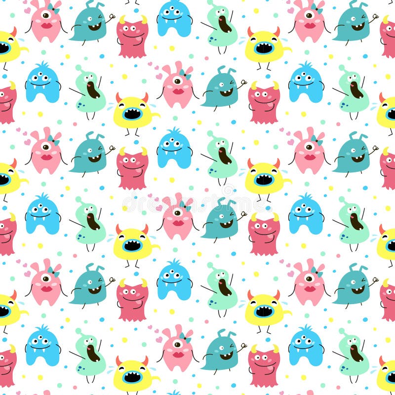 Seamless Pattern With Cartoon Monsters Stock Illustration