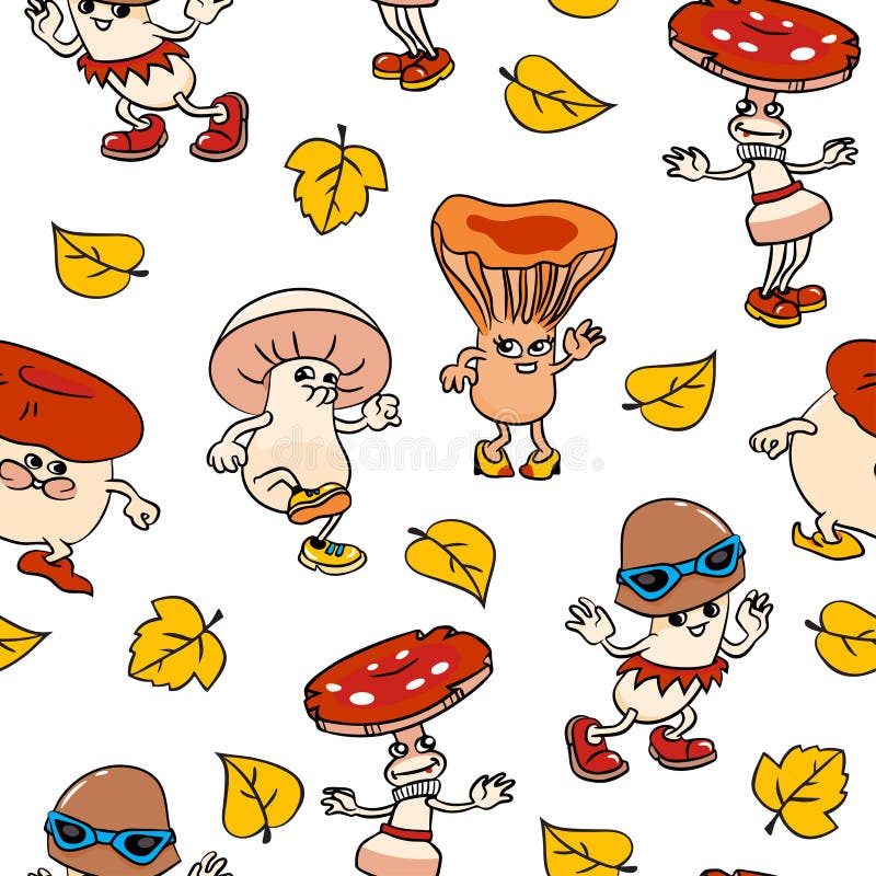 Vector Illustration with Cartoon Mushrooms and Leafs Stock Vector ...