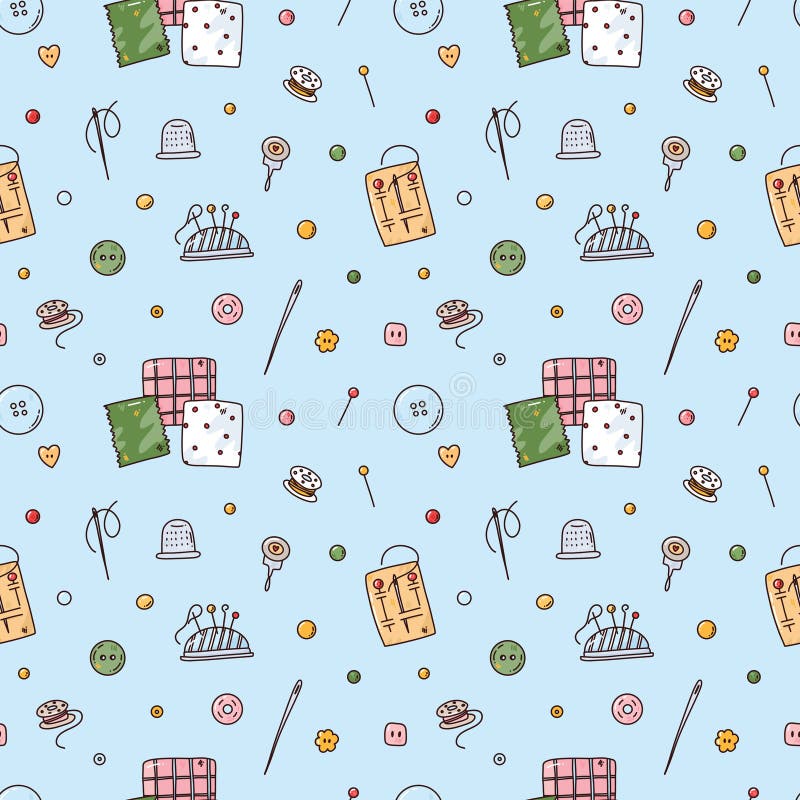 Seamless Pattern with Cartoon Sewing Elements Stock Illustration ...