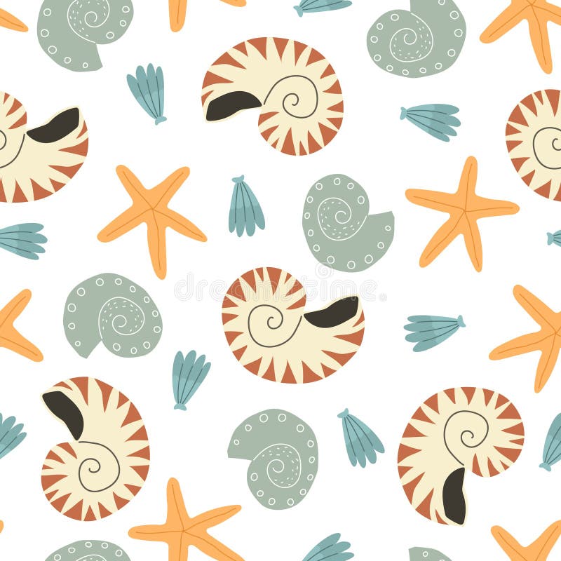 Seamless Pattern with Cartoon Shells, Decor Elements. Colorful Vector ...