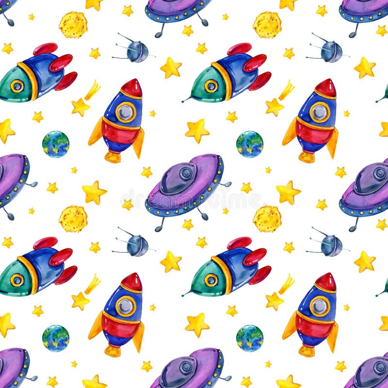 Seamless Pattern with Cartoon Space Rockets Fly Past Planets and Stars ...