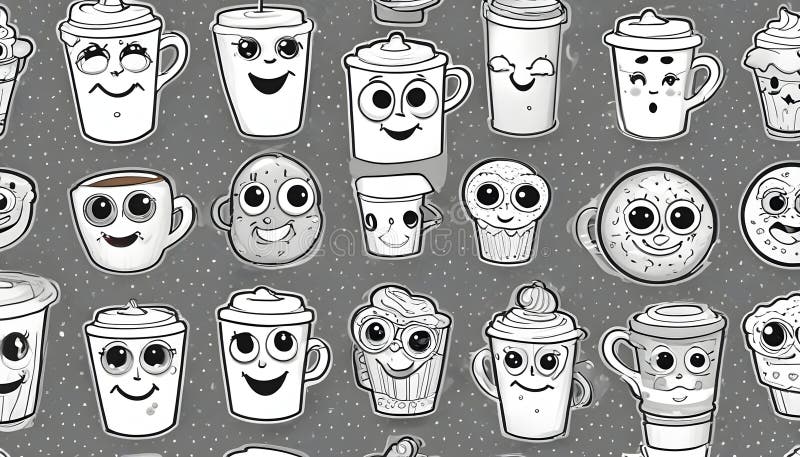 Seamless Pattern of Cartoon-style Cups, Mugs, and Food Items with ...