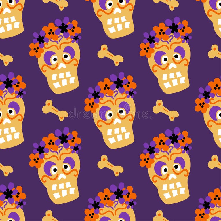 Seamless Pattern with Cartoon Style Skulls and Bones for the Day of the ...