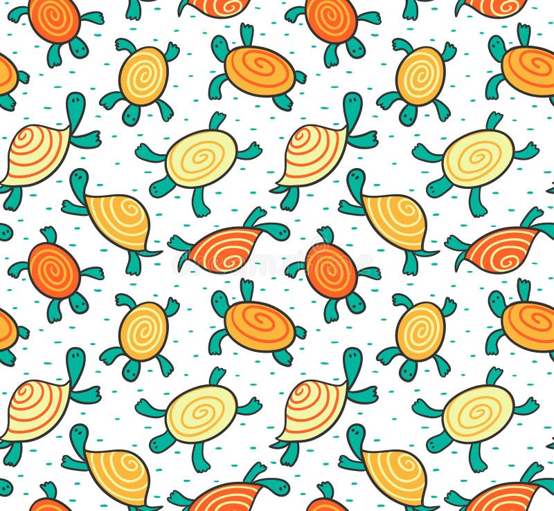 Seamless Pattern with Cartoon Turtles. Vector Hand Drawn Child Design ...
