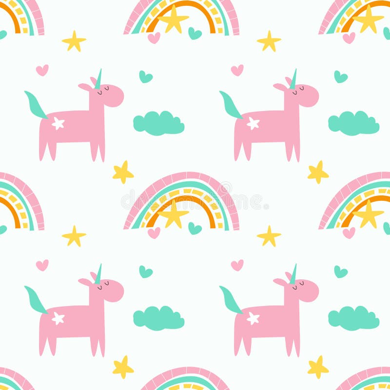 Seamless Pattern with Cartoon Unicorns, Rainbows, Clouds, Decor ...