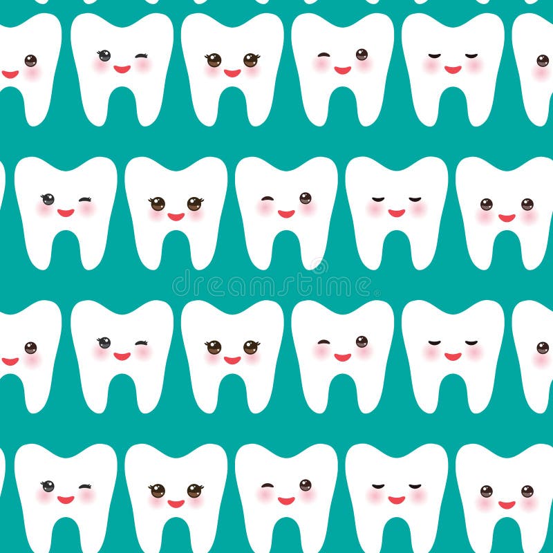 Seamless Pattern with Cartoon White Teeth with Funny Faces, Blue ...