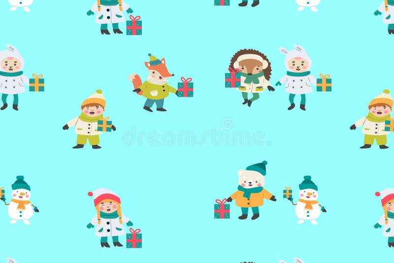 Seamless Pattern with Cartoon Winter Characters Stock Vector ...