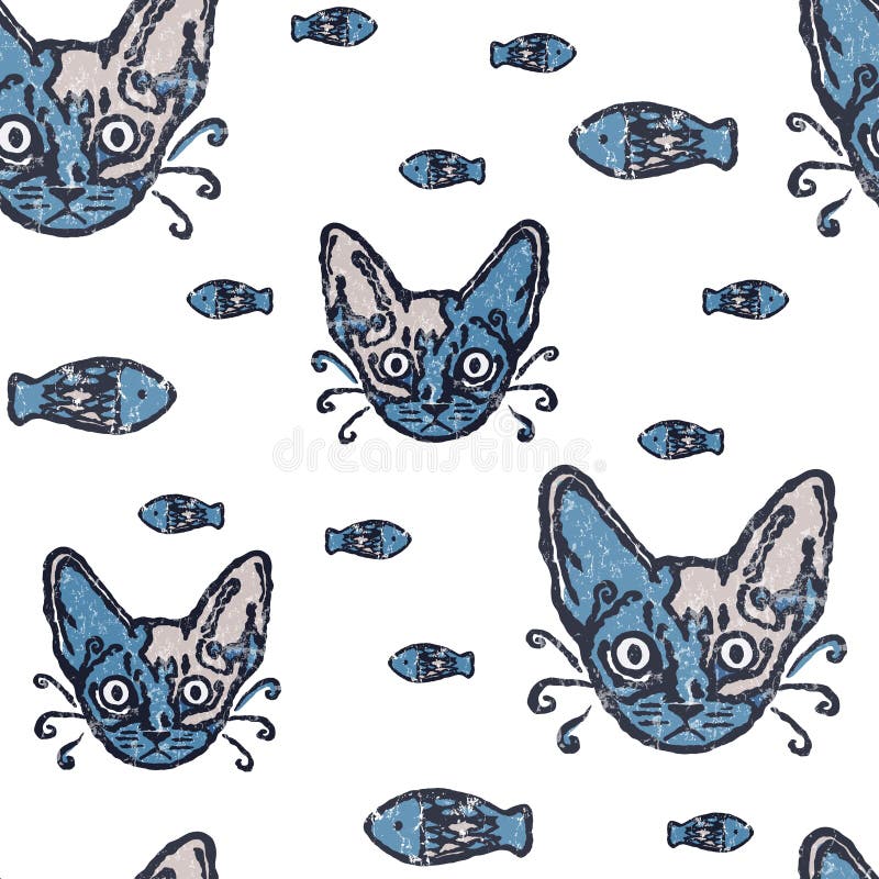 Seamless Pattern, Cat and Fish Stock Illustration - Illustration of ...