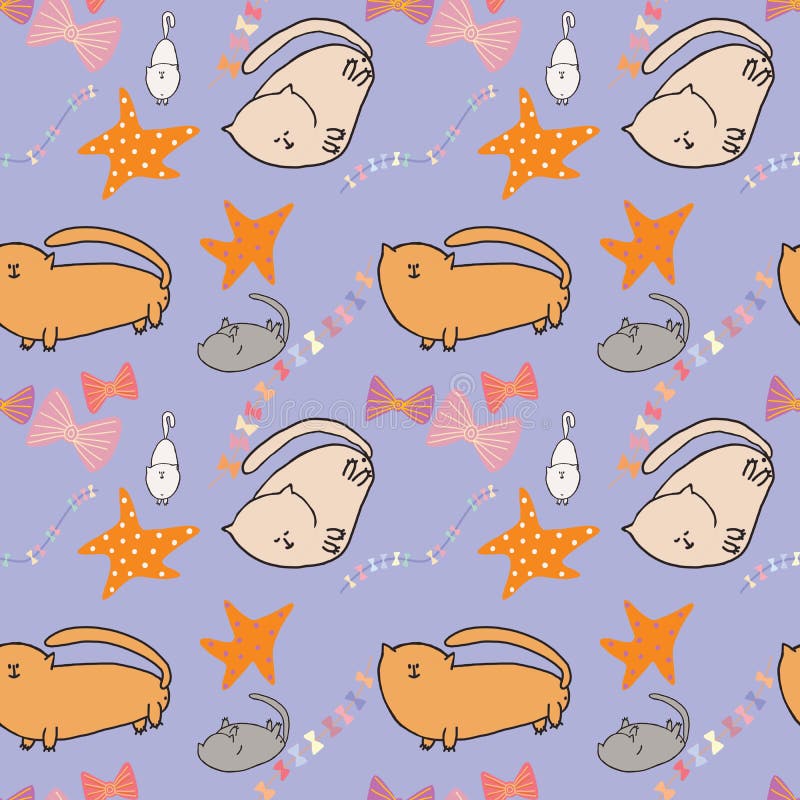 Seamless Pattern with Cat Kitten on Purple Lilac Background Stock ...