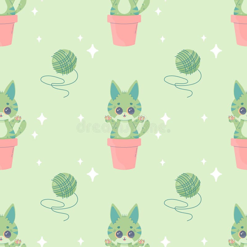 Seamless Pattern Catcus Cactus Cat, Cartoon Cute, Vector Illustration ...