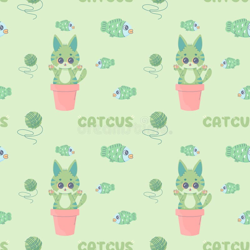 Seamless Pattern Catcus Cactus Cat, Cartoon Cute, Vector Illustration ...