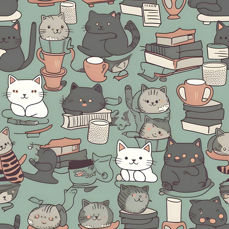 Seamless Pattern with Cats and Books. Hand Drawn Vector Illustration ...