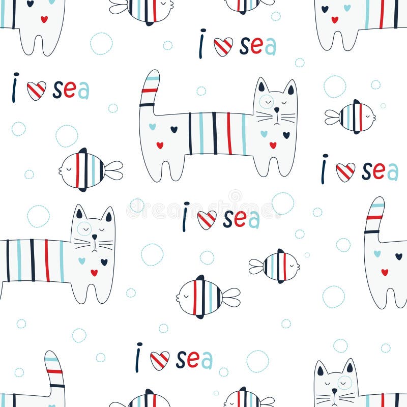 Seamless Pattern with Cats and Fish Stock Vector - Illustration of ...