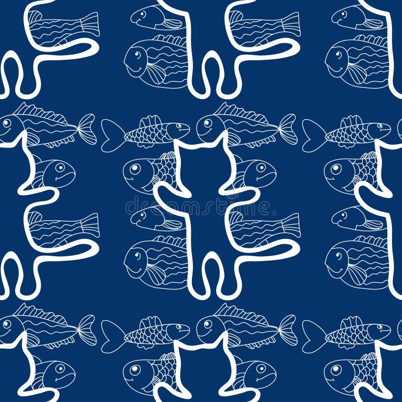 Seamless Pattern of the Cats and Fish Vector Stock Vector ...
