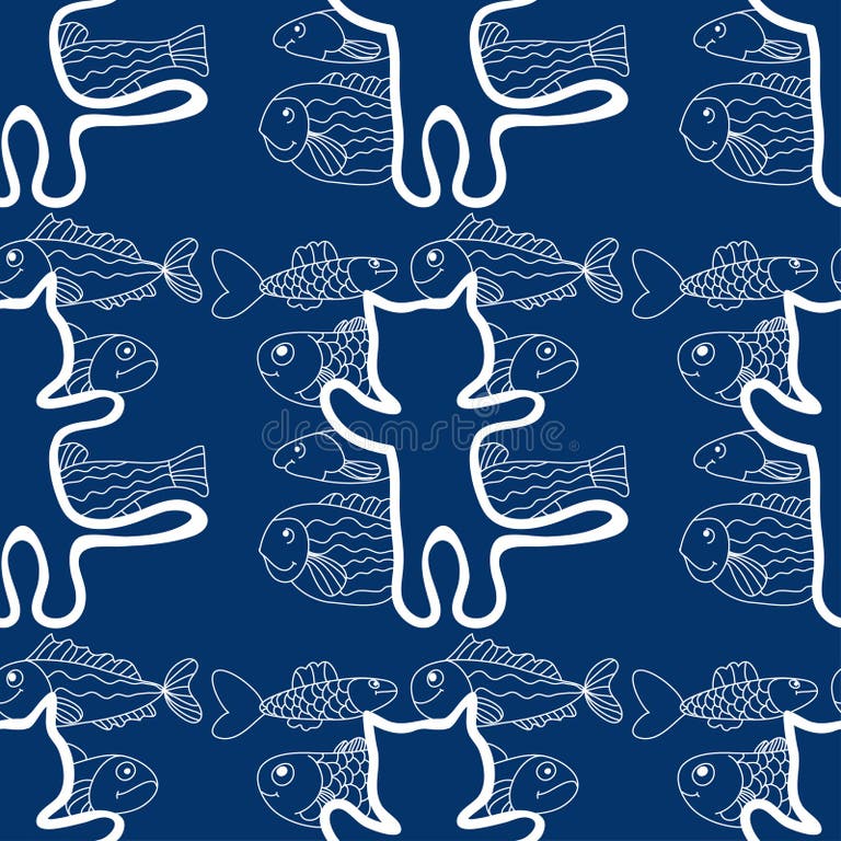 Seamless Pattern of the Cats and Fish Vector Stock Vector ...