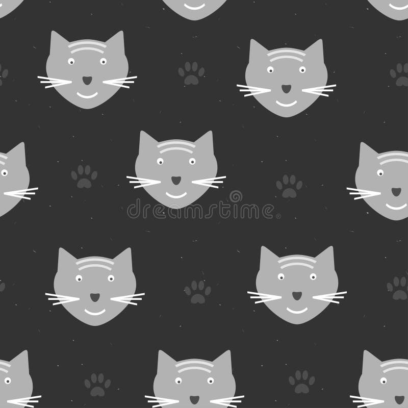 Seamless Pattern with Cats` Heads. Stylized Cats. Dark, Gray, Black ...