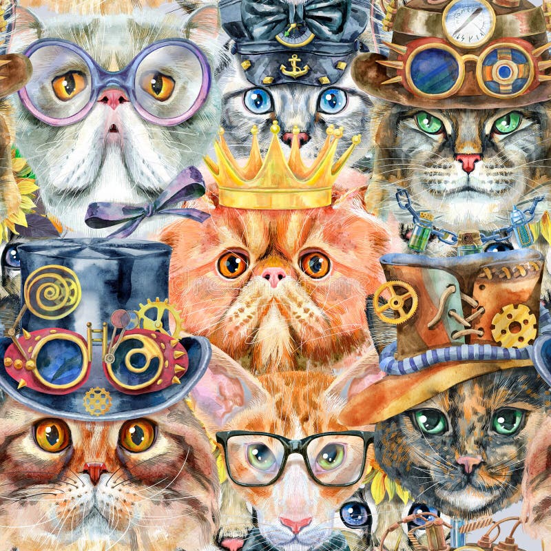 Seamless Pattern of Cats with Various Accessories. Watercolor Hand Drawn Illustration Stock ...