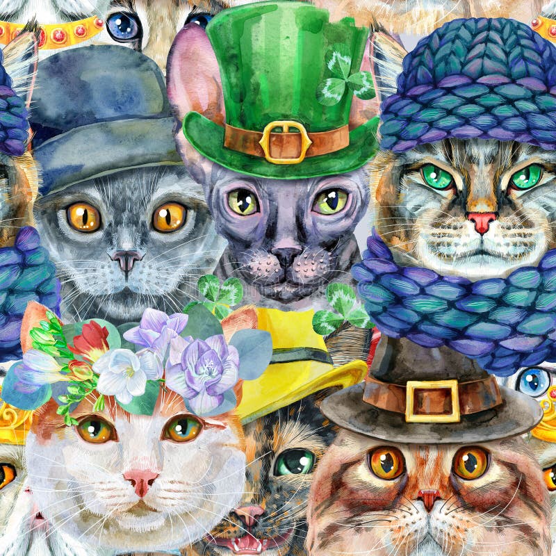 Seamless Pattern of Cats with Various Accessories. Watercolor Hand Drawn Illustration Stock ...