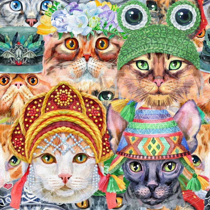 Seamless Pattern of Cats with Various Accessories. Watercolor Hand Drawn Illustration Stock ...