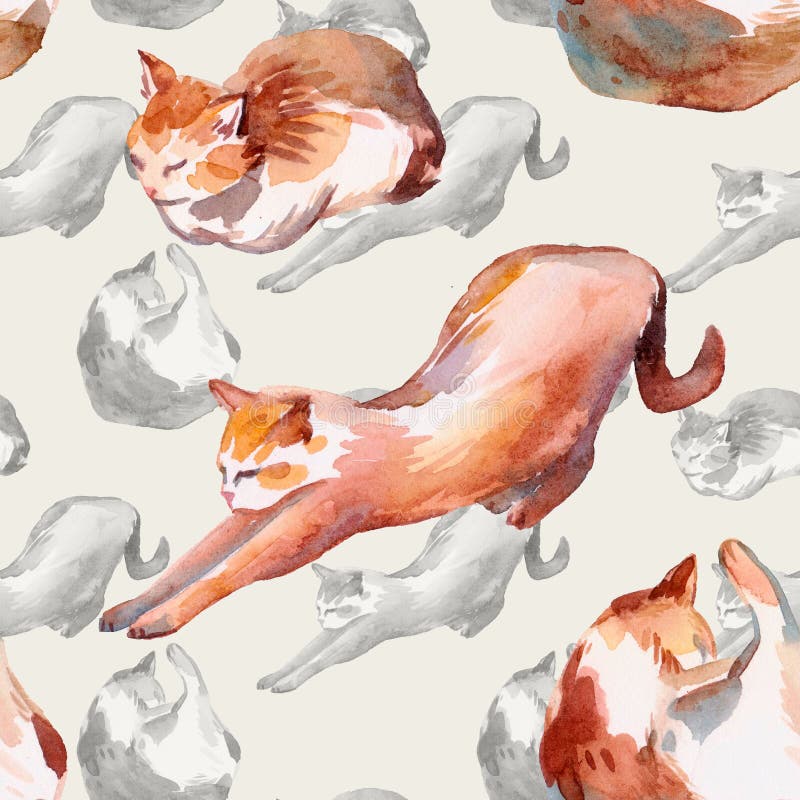 Seamless Pattern with Cats. Watercolor Hand Drawn Illustration Stock ...