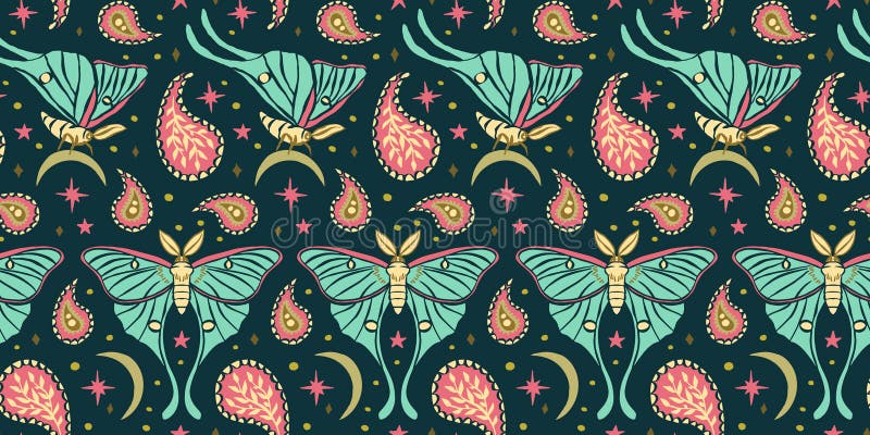 Seamless Pattern with Celestial Luna Moth and Paisley Motif. Stars and ...
