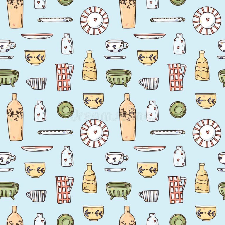Vector Seamless Pattern with Ceramic Dishes Stock Vector - Illustration of flower, ceramics ...
