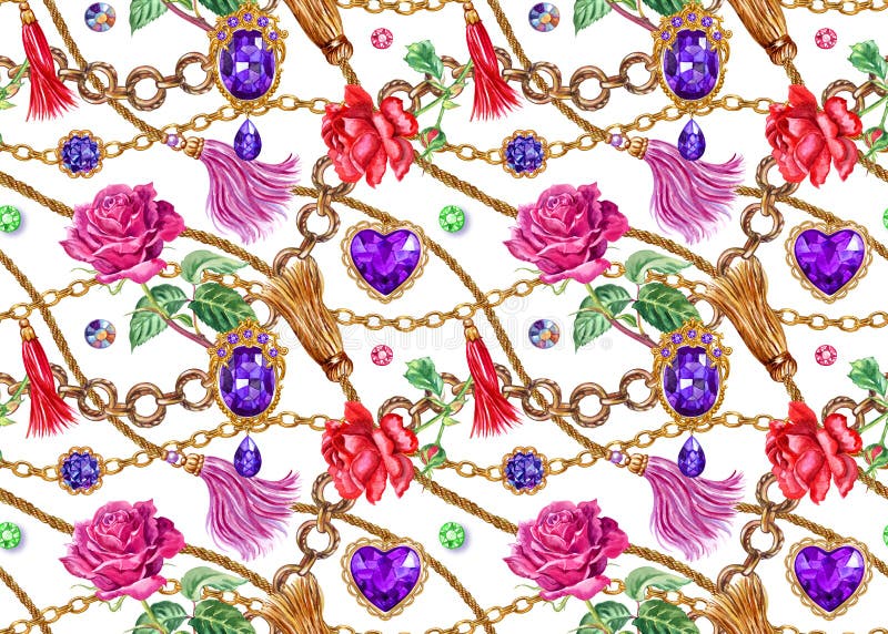 Seamless Pattern of Chains, Brooches and Roses on a White Background ...