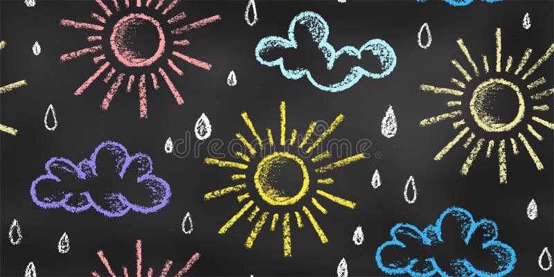 Seamless Pattern of Chalk Drawn Sketches Suns and Clouds on Chalkboard ...