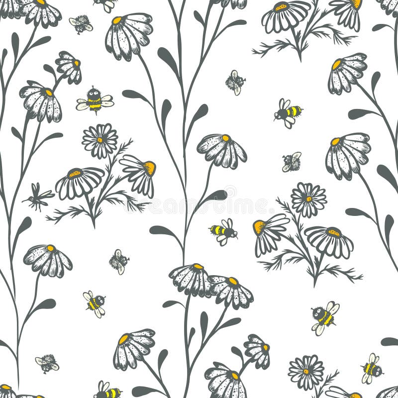 Seamless Pattern of Chamomile and Bees. Vector Illustration Stock ...