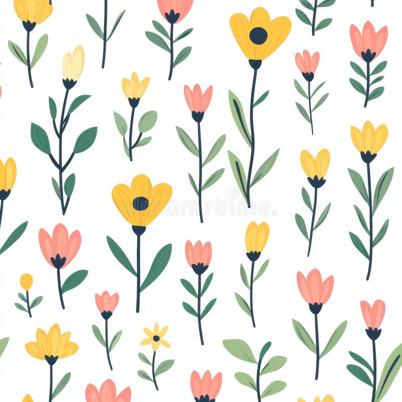 A Seamless Pattern of Charming Flowers with Leaves. Botanical Spring ...