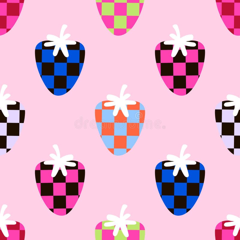 Seamless Pattern with Checkered Strawberry. Creative Cartoon Berry ...