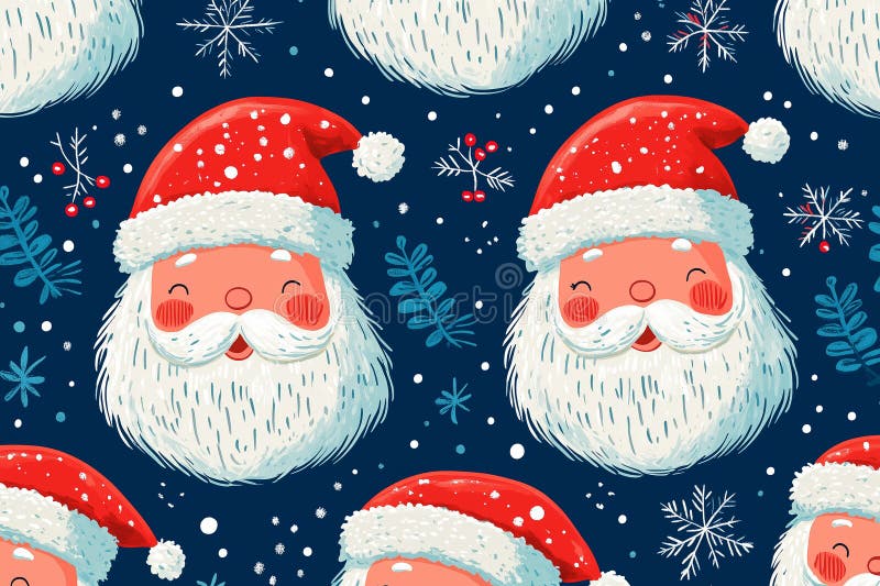 Seamless Pattern: Cheerful Santa Faces with White Beards, Red Hats on ...