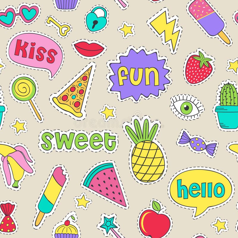 Seamless Pattern with Cheerful Stickers Stock Vector - Illustration of ...