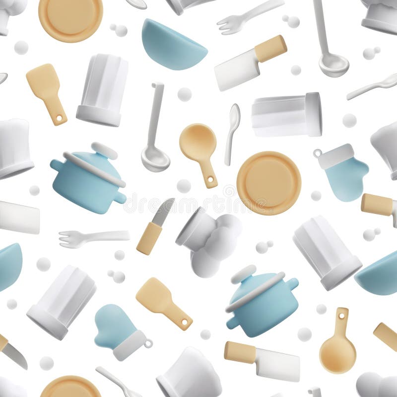 Seamless Pattern in Chef Style. Vector 3D Illustration with Dishes ...