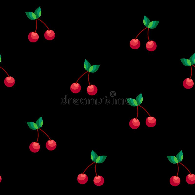 Seamless Pattern with Cherry in Flat Style on Black Background. Vector ...