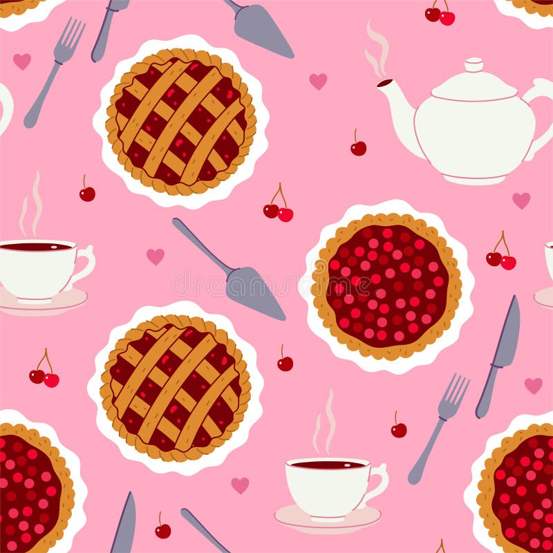 Seamless Pattern with Cherry Pies, Mugs, Teapots, Cutlery. Vector ...