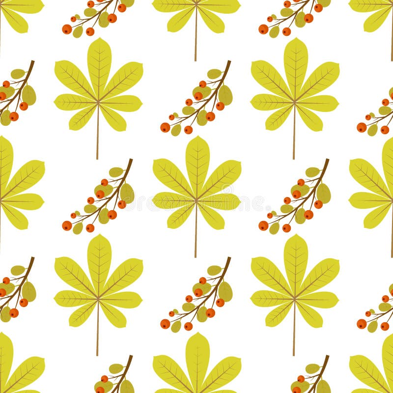 Seamless Pattern with Chestnut Leaf and Branch with Leaves and Berries ...