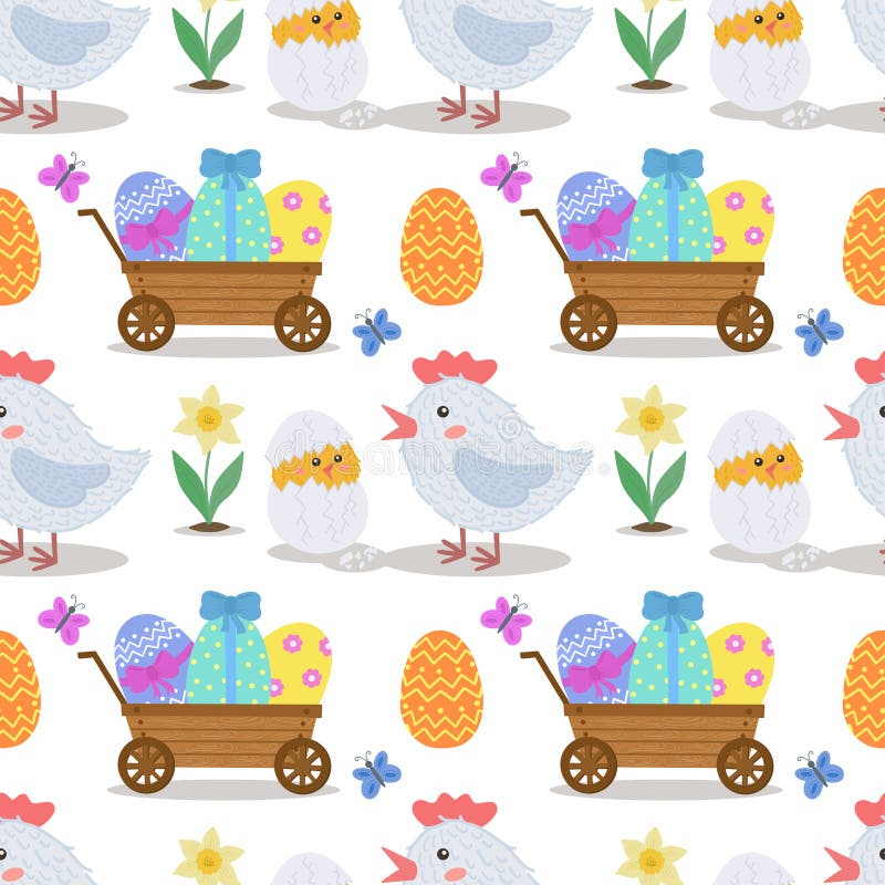 Seamless Pattern with Chicken, Egg, Flowers, Cart Stock Vector ...
