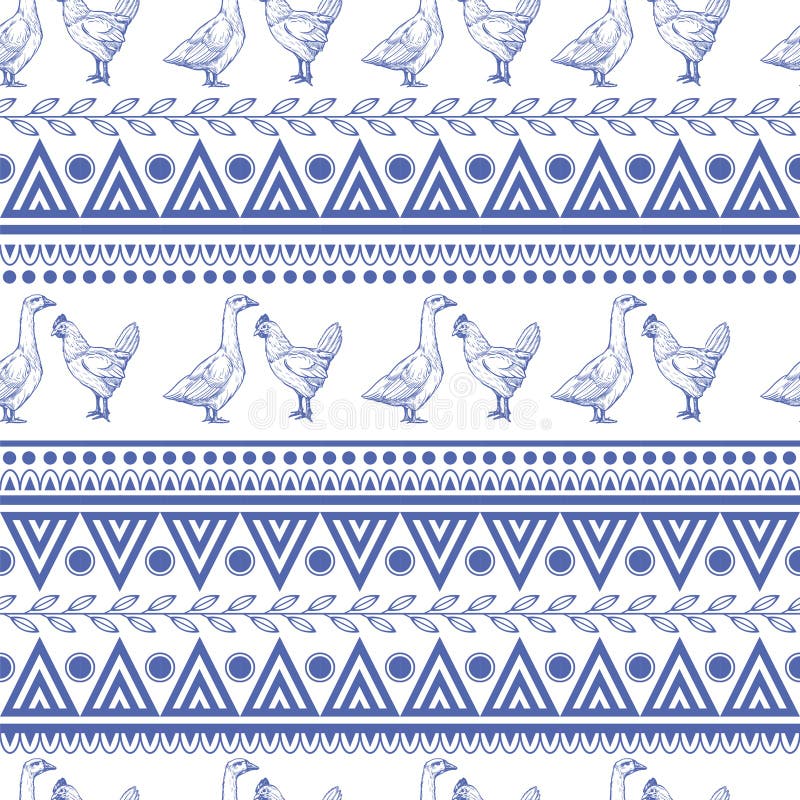 Seamless Pattern with Chicken, Goose and Geometrical Ornament. Vector ...