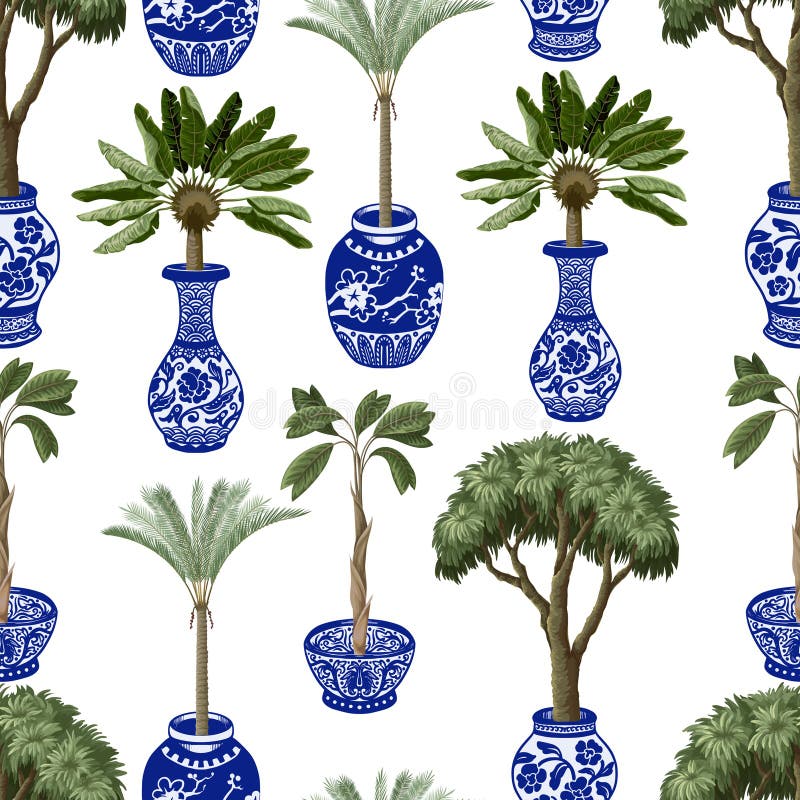 Seamless Pattern with Chinese Blue Vases and Trees. Vector. Stock ...