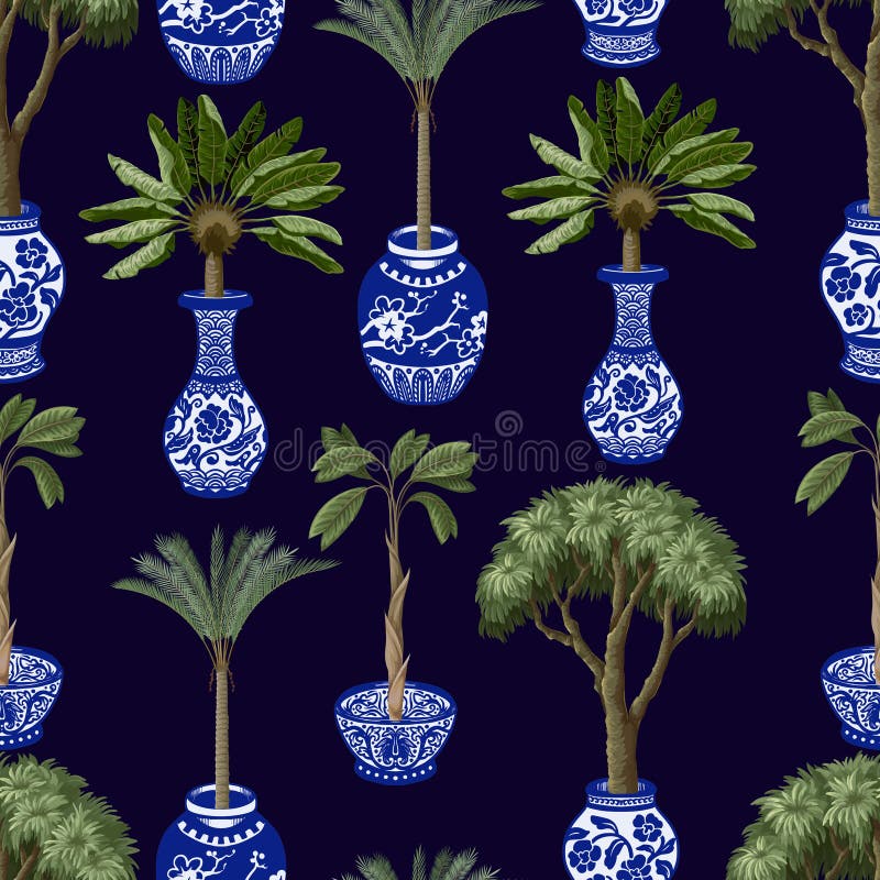 Seamless Pattern with Chinese Blue Vases and Trees. Vector. Stock ...