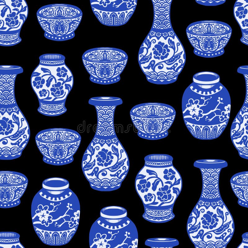 Seamless Pattern with Chinese Blue Vases. Vector. Stock Illustration ...