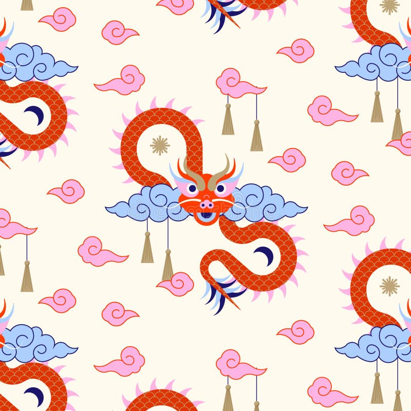 Seamless Pattern with Chinese Dragon and Clouds. Vector Illustration ...