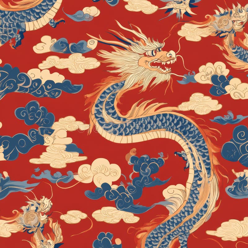 Seamless Pattern with Chinese Dragon and Clouds. Vector Illustration ...
