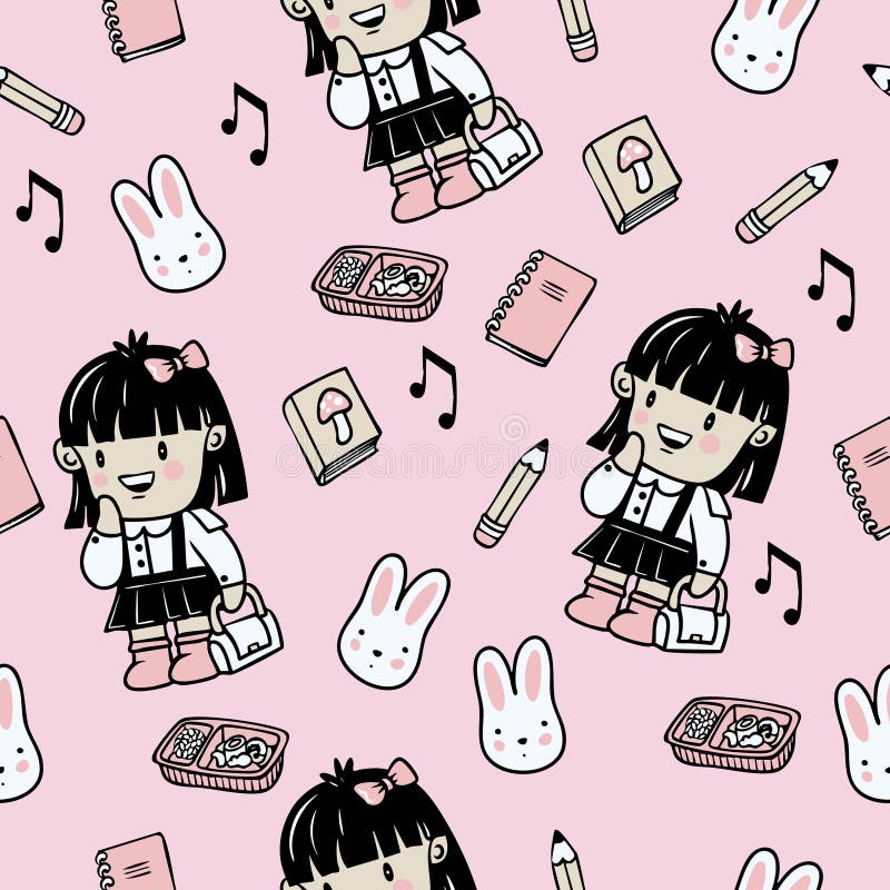Seamless Pattern with Chinese Girl and Bunnies in Cartoon Style. Vector ...