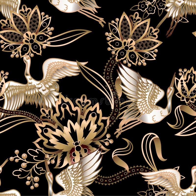 Seamless Pattern with Chinese Gold Cranes and Flowers. Vector. Stock ...